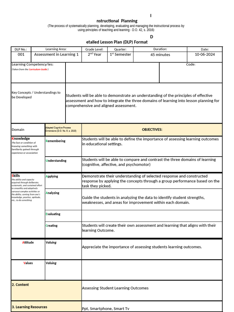 Detailed Lesson Plan DLP Format 1 1 1 | PDF | Educational Assessment | Learning