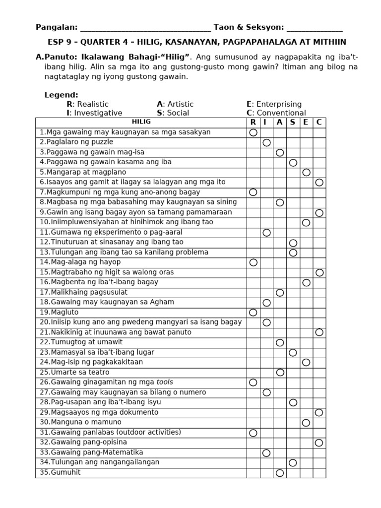 Hilig, Kasanayan, Pagpapahalaga, Mithiin Survey Form-Q4-Week 1 | PDF