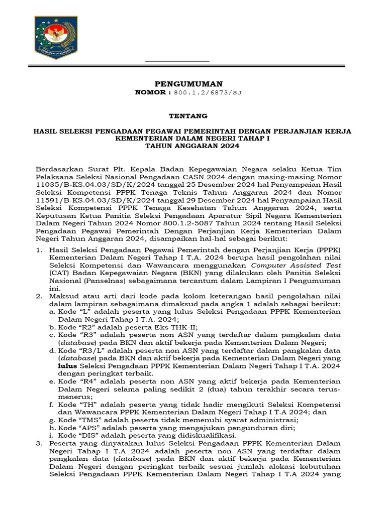 Pengumuman Hasil Seleksi Pengadaan Pegawai Pemerintah Dengan Perjanjian Kerja Kementerian Dalam ...