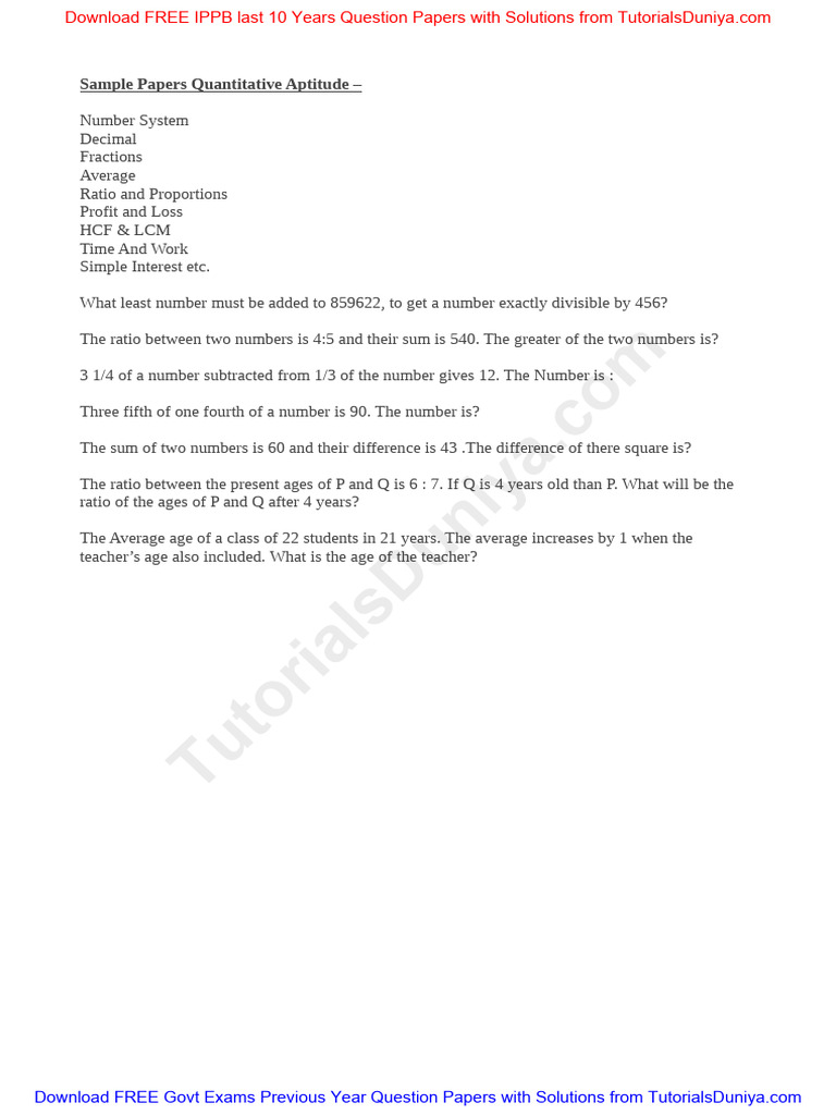 Quantitative Aptitude Sample Papers | PDF