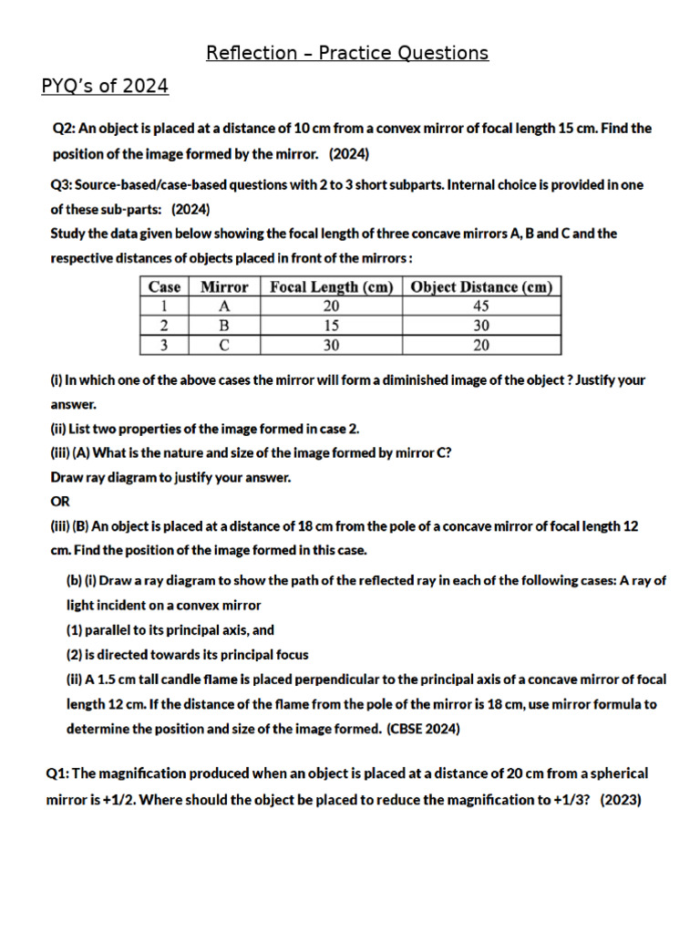 Reflections - Practice Numericals | PDF