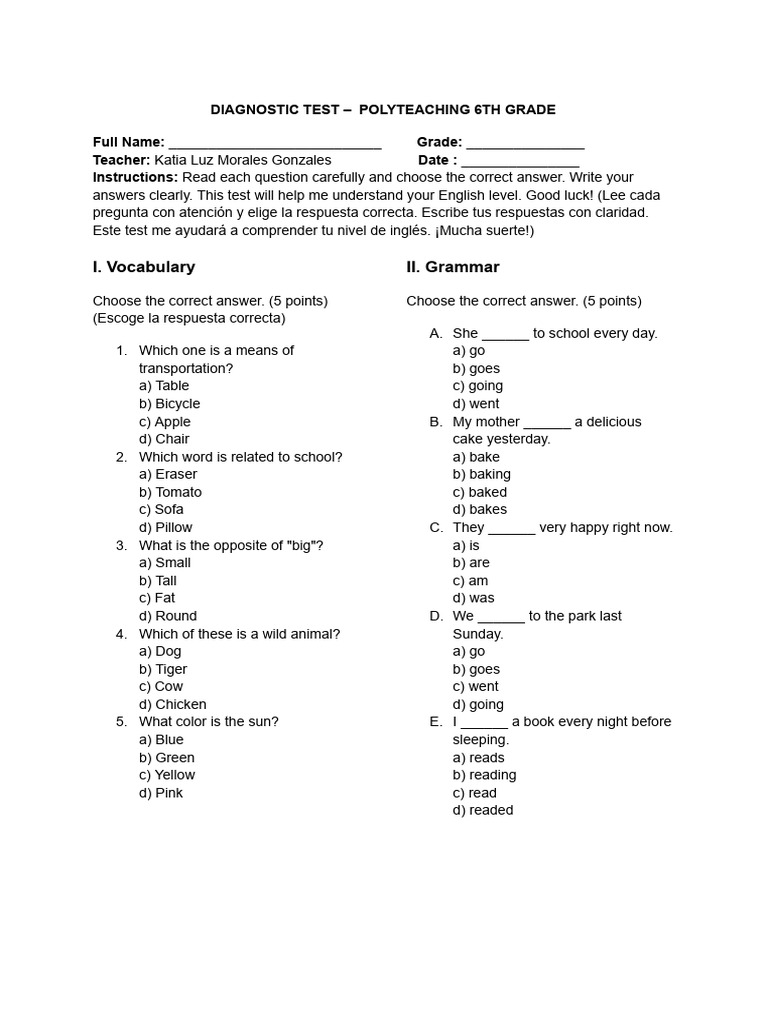 Diagnostic Test - Polyteaching 6TH Grade | PDF | Cognition | Learning