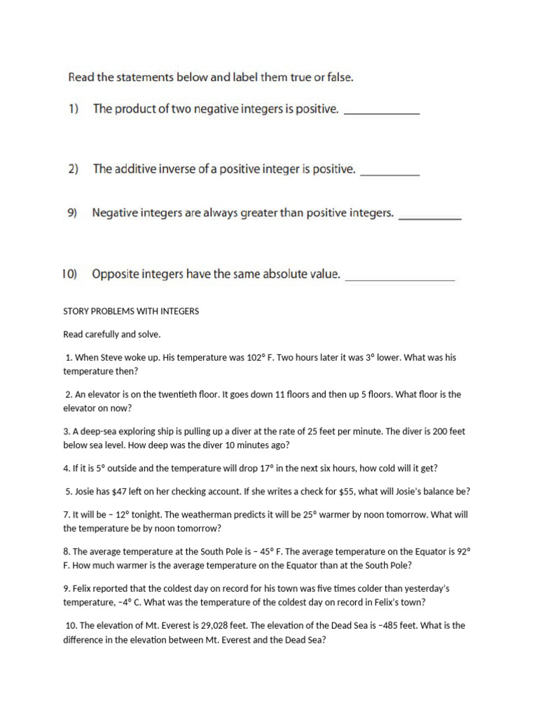 Story Problems With Integers | PDF | Scuba Diving | Earth Sciences