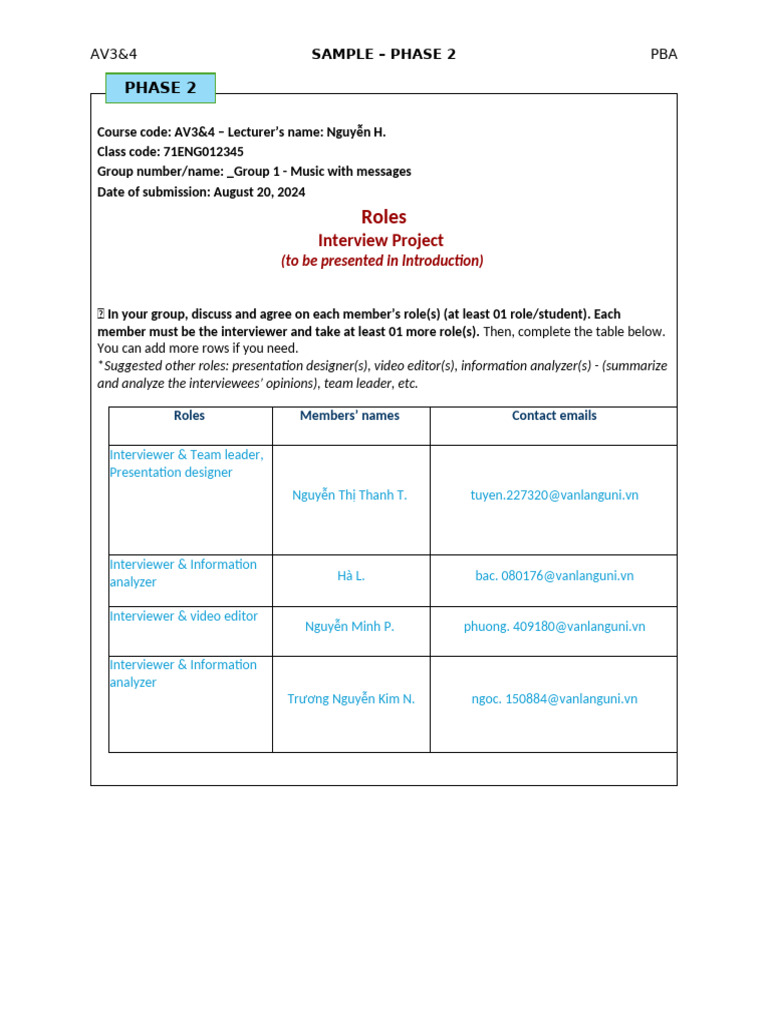 Anh Văn 34 - Sample PBA Manual - PHASE 2 - Roles | PDF