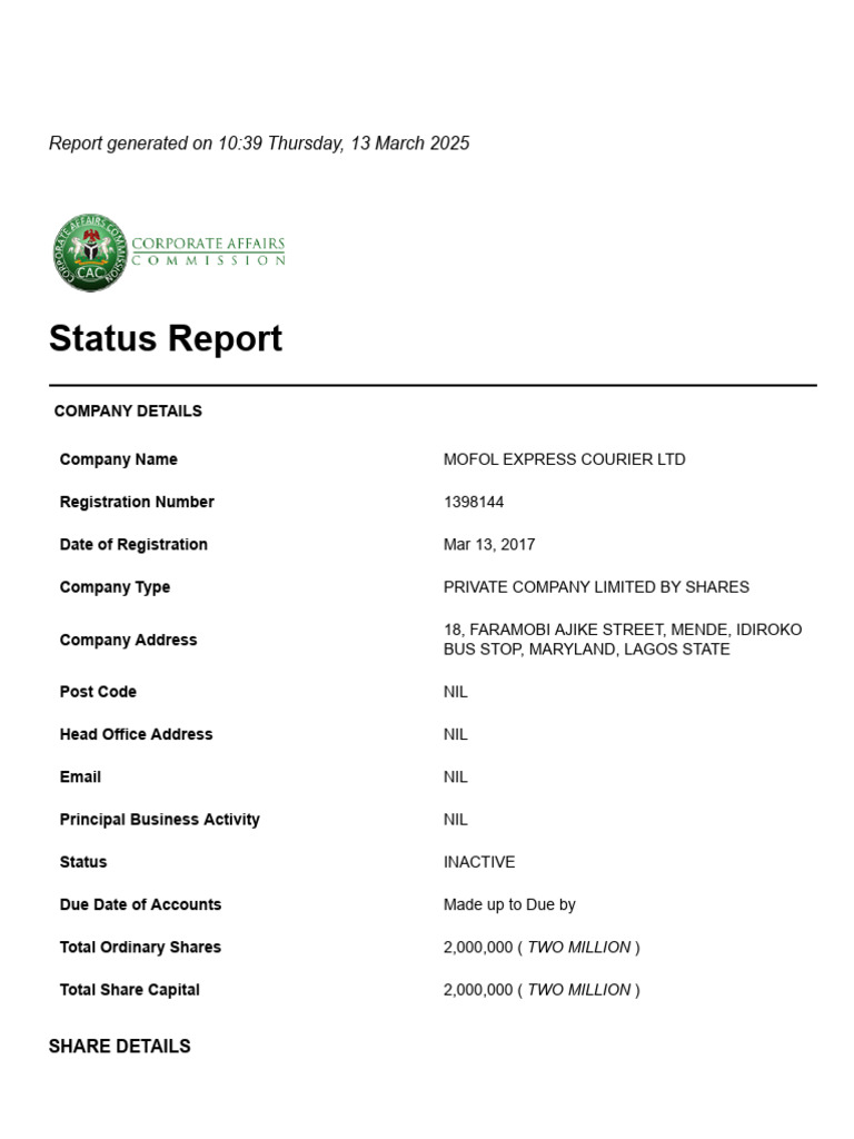 Application For Registration of Company - MOFOL EXPRESS COURIER LTD ...