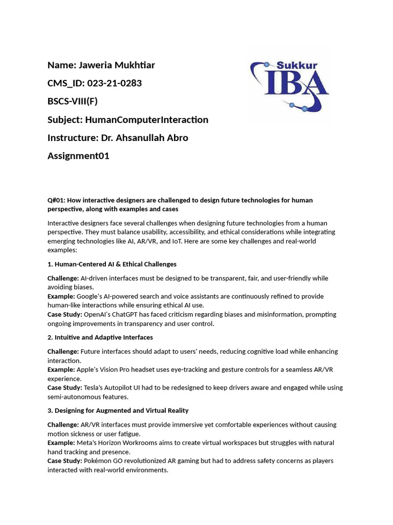 Assignment01 HumanComputerInteraction JaweriaMukhtiar (023-21-0283) BSCS-VIII (F) | PDF ...