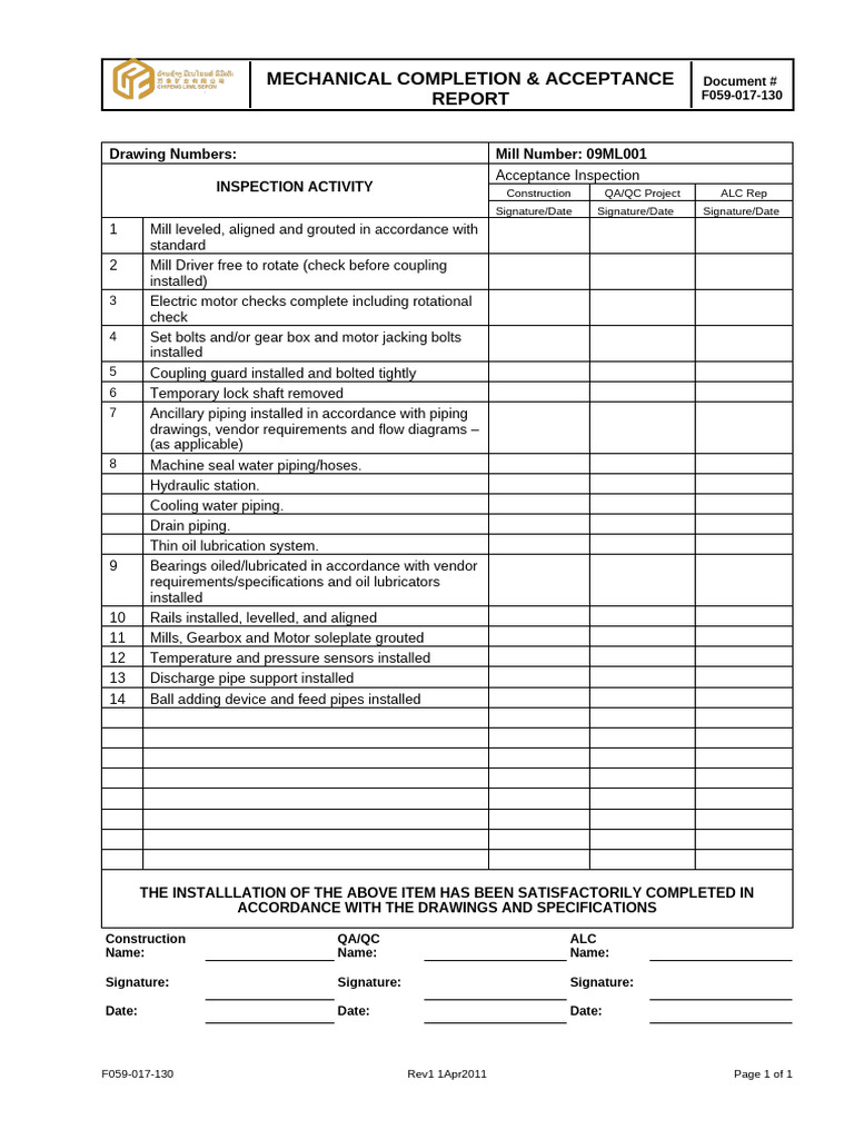 F059-017-130 ALC Mills Mechanical Completion & Acc Report | PDF