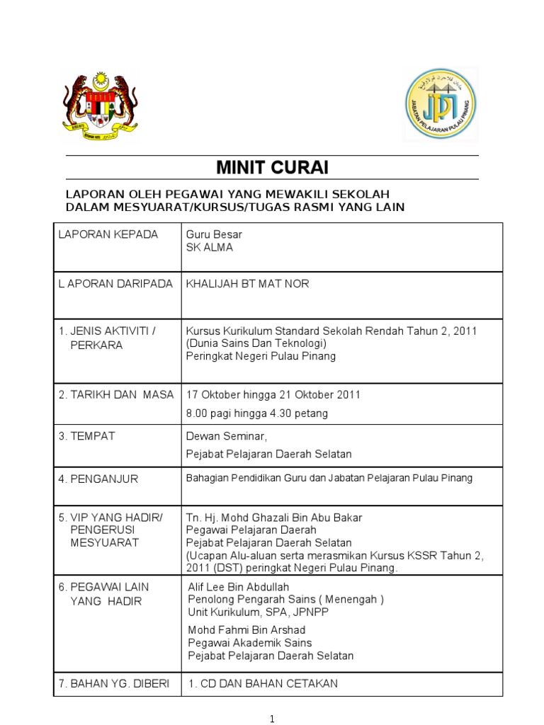 Contoh Minit Curai Kursus KSSR Tahun 2 (DST) 2011 | PDF