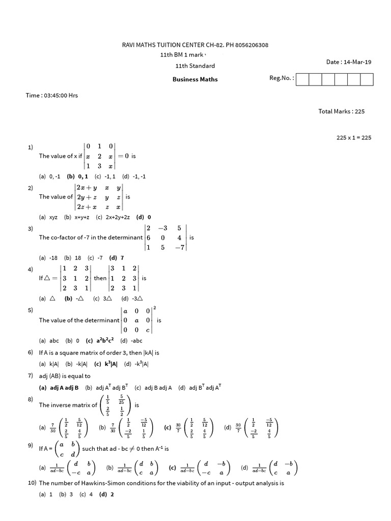 Namma Kalvi 11th BM 1 Mark Questions With Answers | PDF | Circle | Mathematical Objects