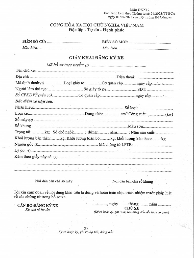 T Khai Đăng Ký Xe TT24 | PDF