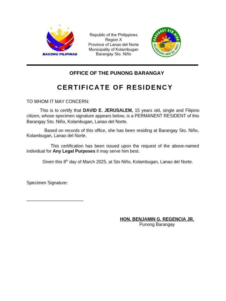 Barangay Certificate of Residency | PDF