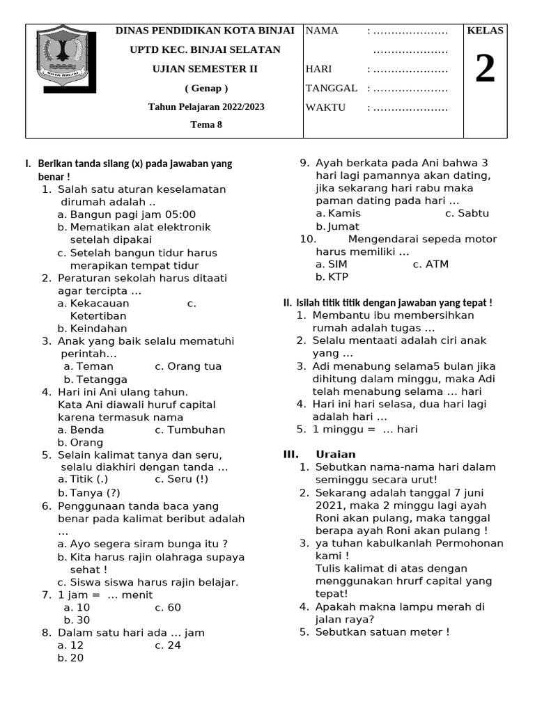 Soal PTS KELAS 2 TEMA 8 | PDF