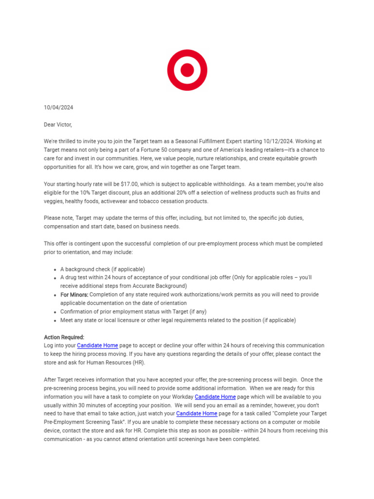 Congratulations+ +Target+Offer+Letter+2024!10!04 | PDF | Background Check