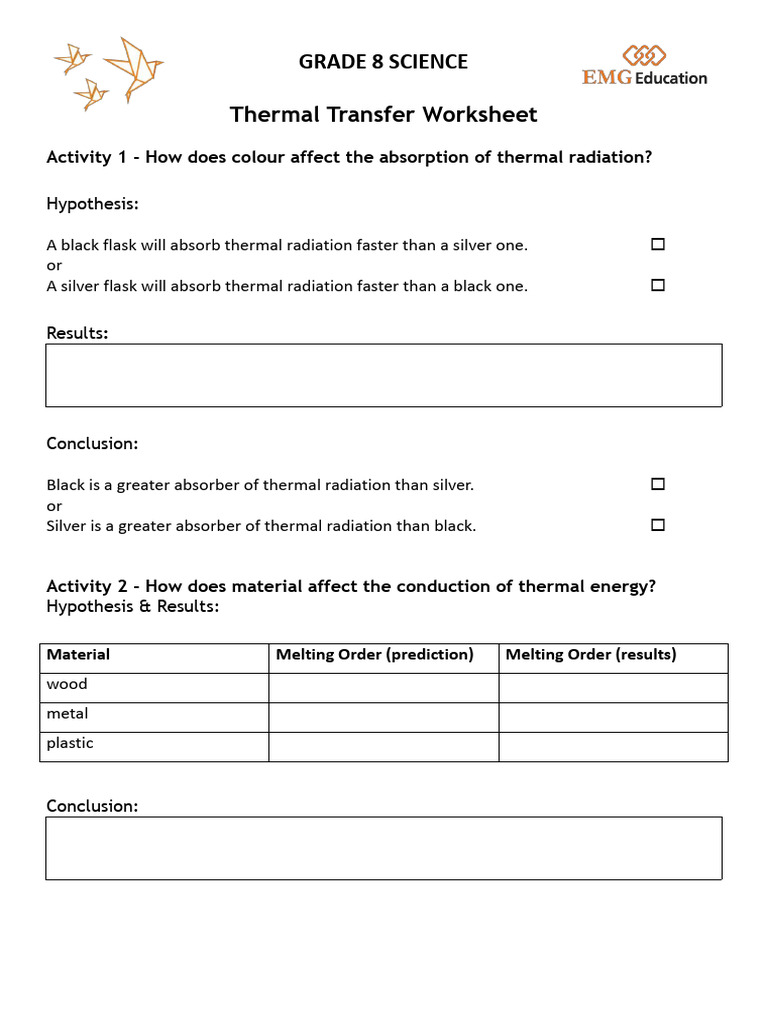Thermal Transfers (Physics) Worksheet | PDF