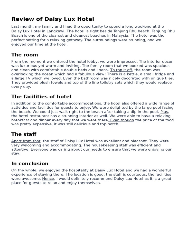 Review of Daisy Lux Hotel Experience | PDF | Hotel
