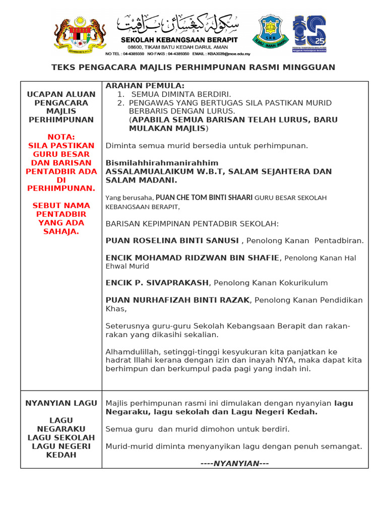 Teks Pengacara Majlis Perhimpunan Rasmi Mingguan 2025 | PDF