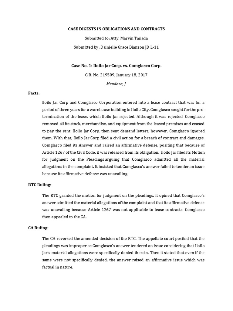 Final Case Digests Oblicon | PDF | Assignment (Law) | Consideration