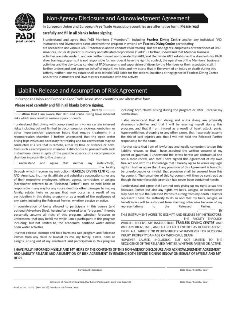 PADI Liability Release Agreement | PDF | Underwater Diving | Private Law