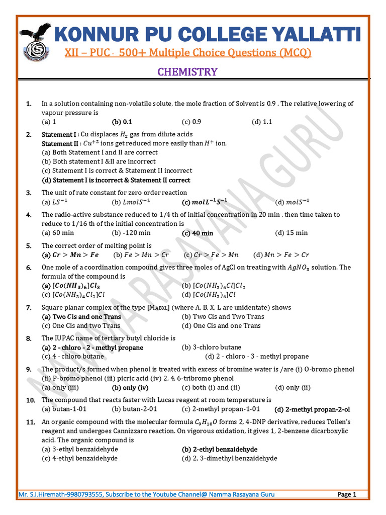 Chemistry 500 MCQ With Answers | PDF | Chemical Reactions | Coordination Complex
