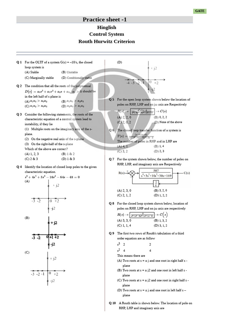6628a39e45188f00193252db_##_Routh Hurwitz Criterion _ Practice Sheet 01 | PDF | Feedback ...
