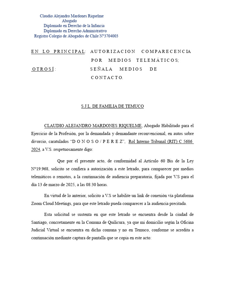 Autorización Comparecencia Telemática C-5686-2024 JUZGADO FAMILIA TEMUCO | PDF | Esfera pública ...