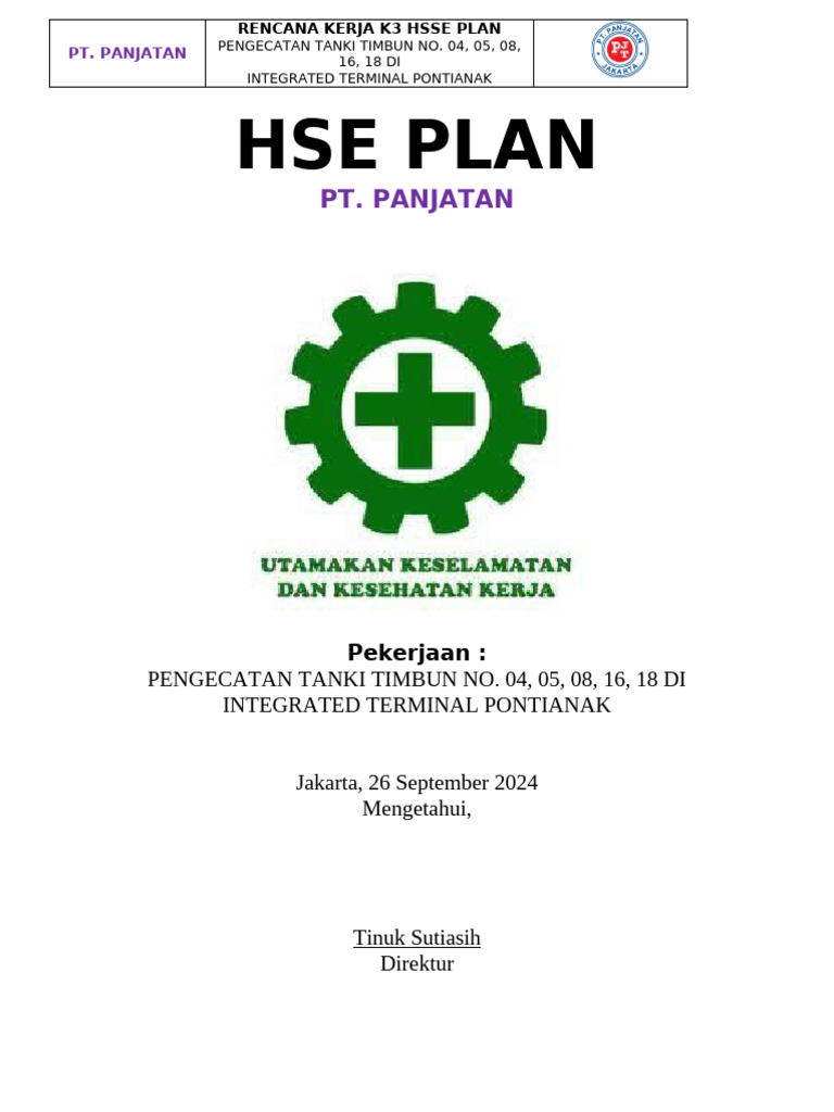 Hse Plan Pengecatan Tanki Timbun Pontianak | PDF