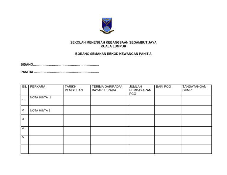 Sejaya 2016 PK 17 6 Borang Rekod Kewangan Pengurusan PCG Panitia | PDF