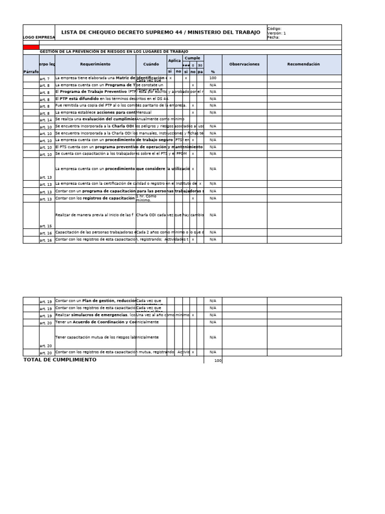 Check Lsit Lista de Chequeo Ds 44 | PDF | Seguridad y salud ocupacional ...