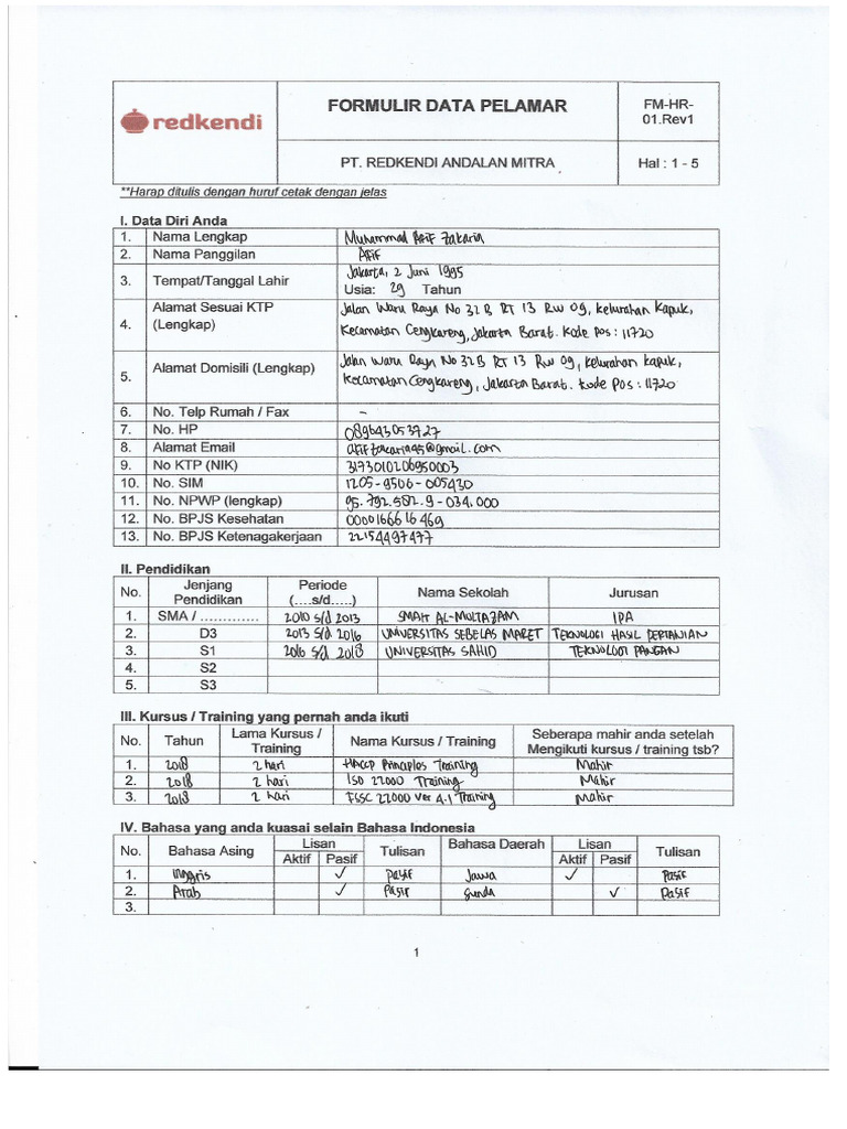 Application Form Muhammad Afif Zakaria | PDF