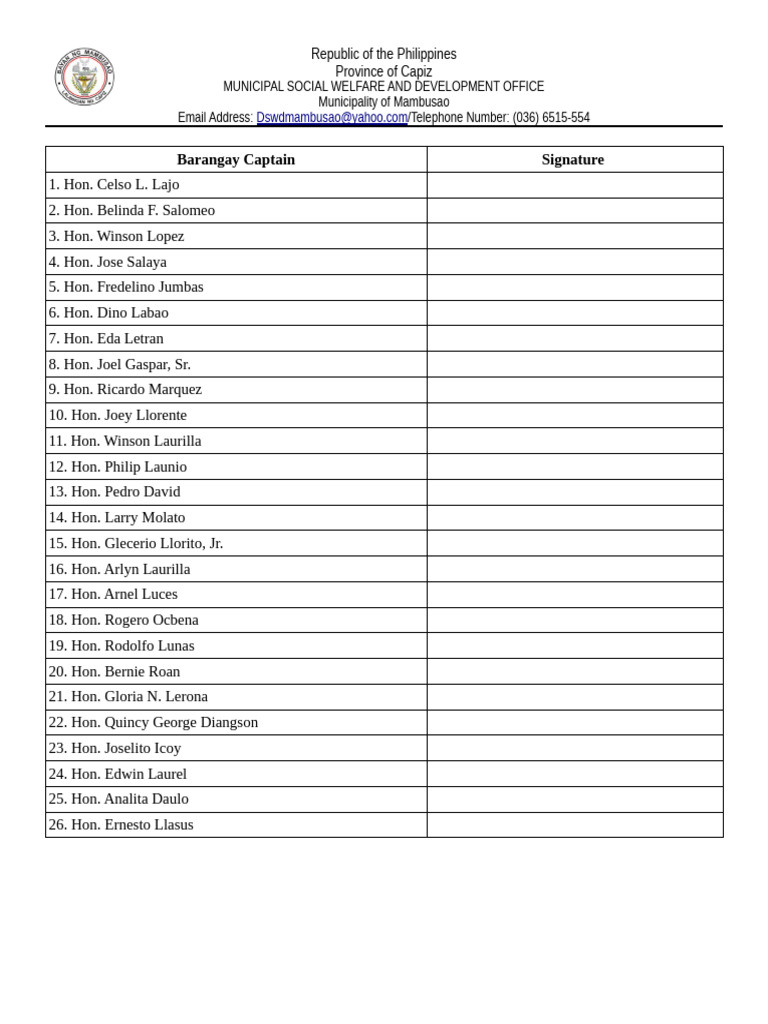 List of Barangay Captains in Mambusao | PDF