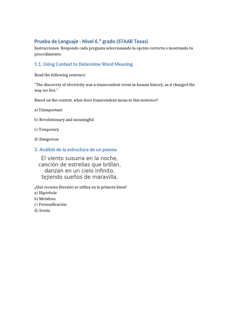 Prueba Lenguaje STAAR 6to Modificada | PDF