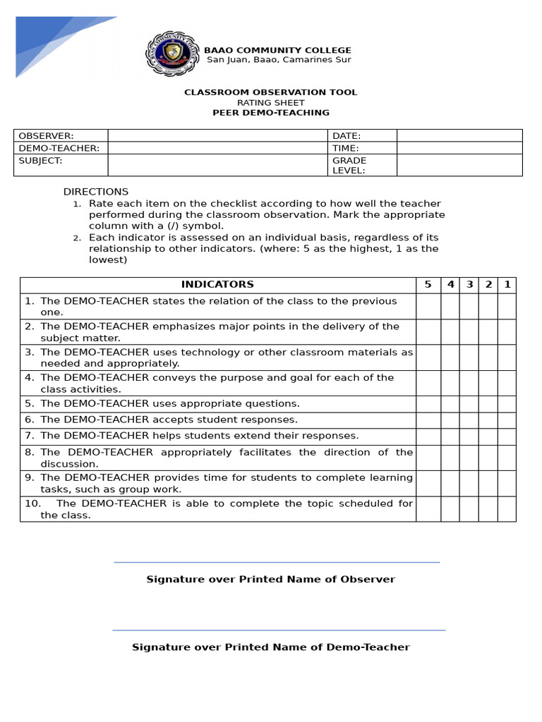 Peer Demo Teaching Observation Tool | PDF