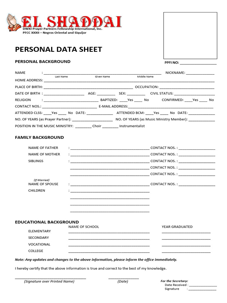 Personal Data Sheet - Music Ministry | PDF