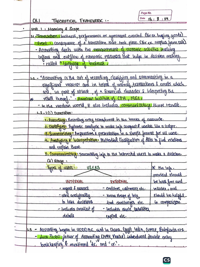 Accounting CA Foundation Notes CH 1 U1 | PDF