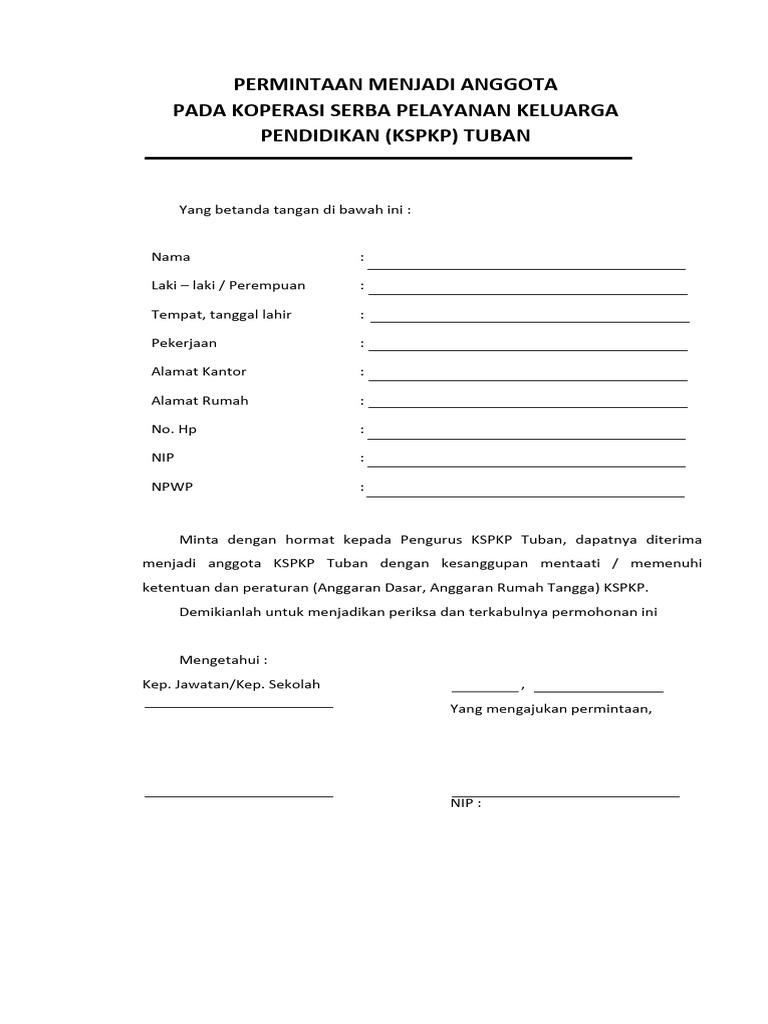 blangko-permintaan-anggota-baru-kspkp-tuban | PDF