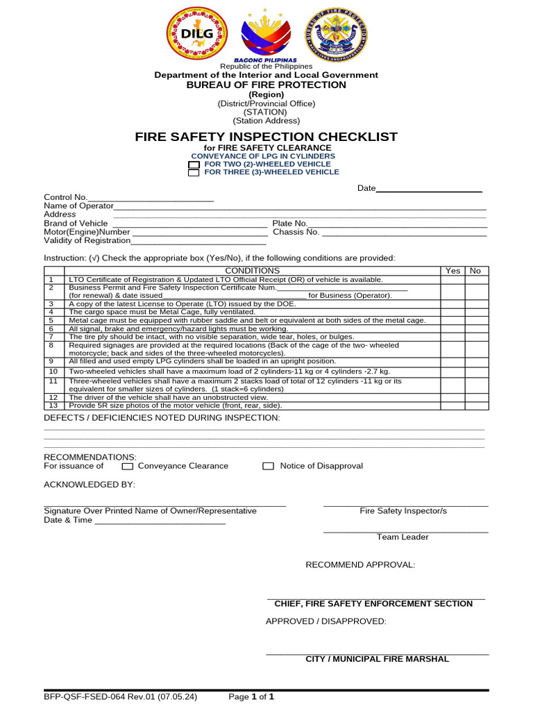 FSED 64F Fire Safety Inspection Checklist For Fire Safety Clearance ...
