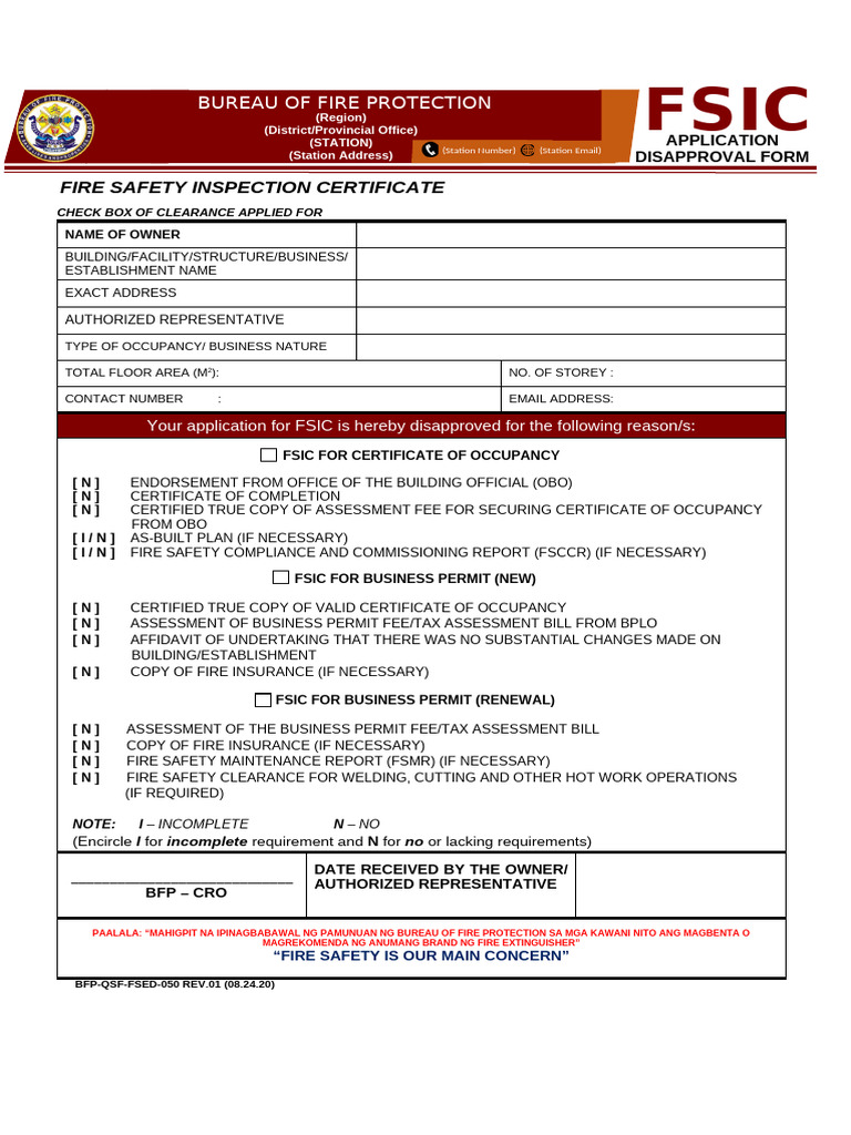 FSED 50F FSIC Application Disapproval Form Rev01 | PDF | Fire Safety ...