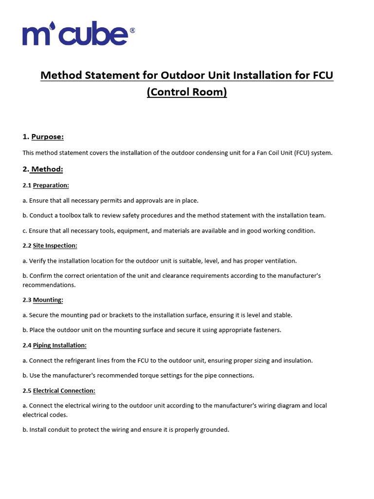 Method Statement For Outdoor Unit Installation For FCU (Control Room) | PDF