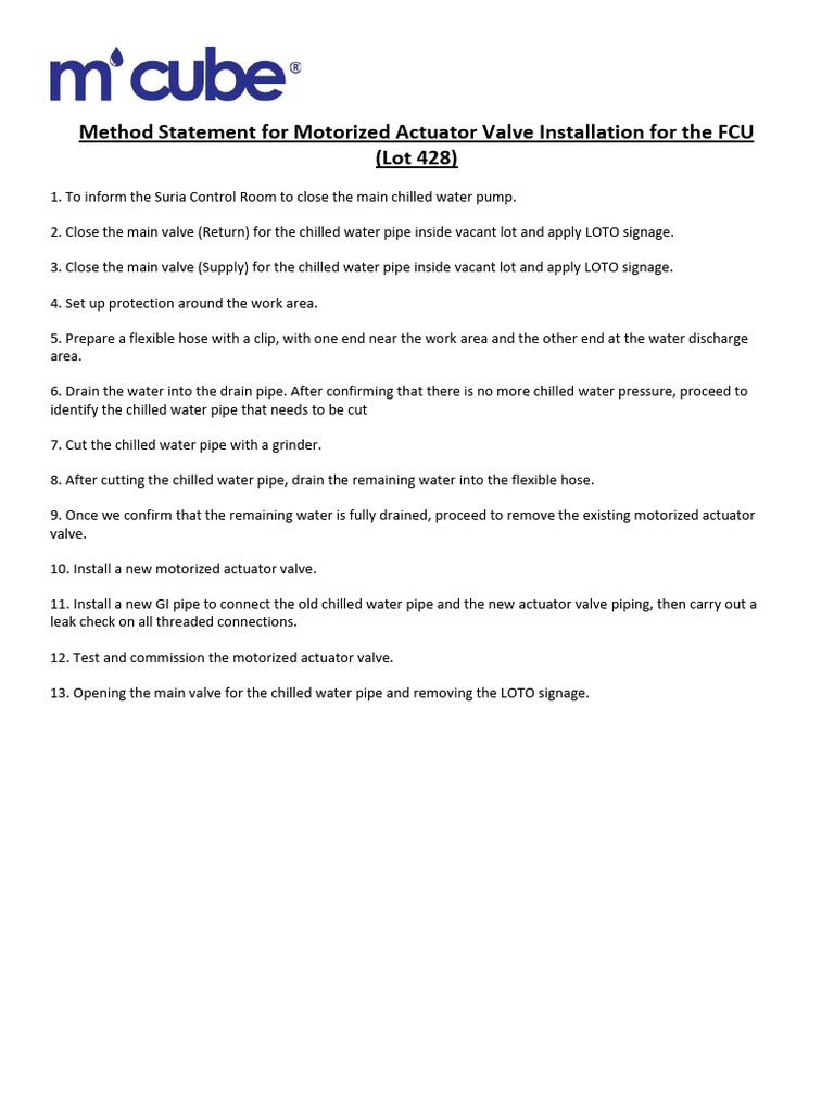 Method Statement For Motorized Actuator Valve Installation (Lot 428) | PDF