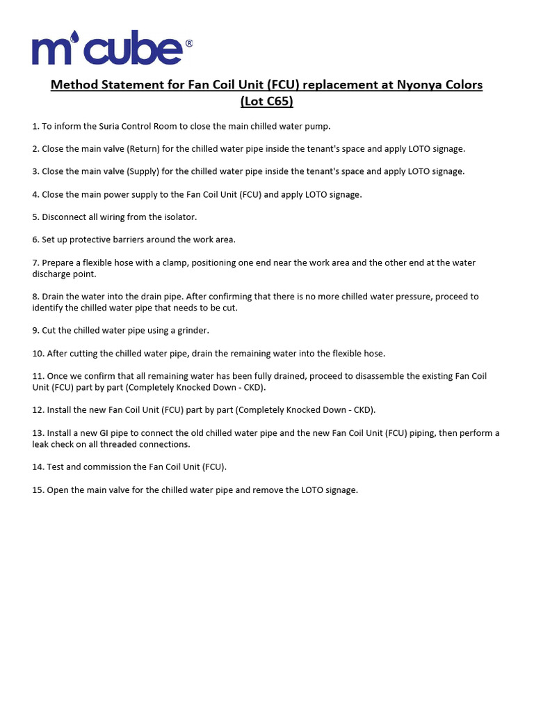 Method Statement For Fan Coil Unit Fcu Replacement At Nyonya Colors Lot C65 Pdf