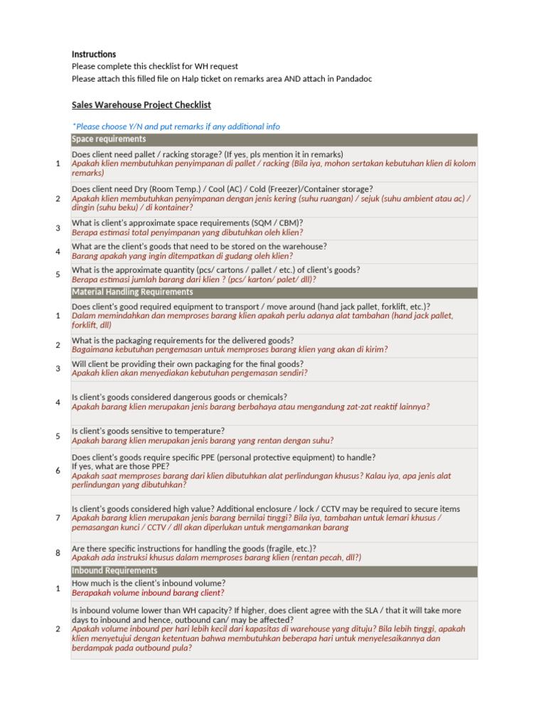 JNE Lampung - Bidding From WH - Inquiries - Checklist | PDF