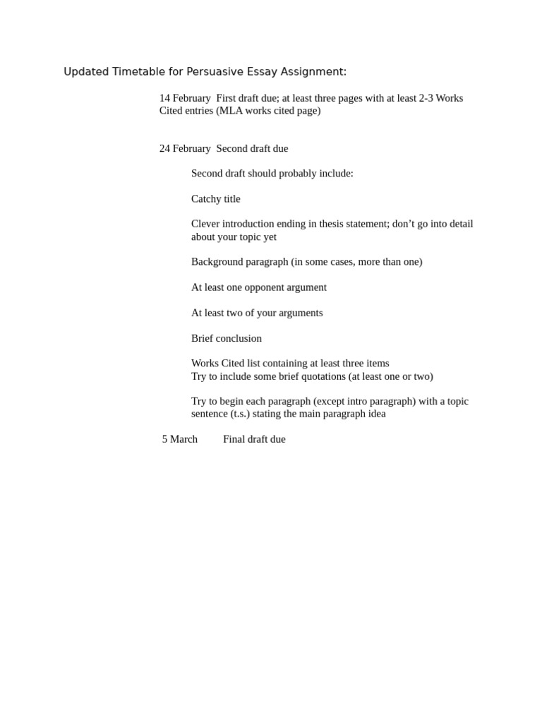Updated Time Table For Persuasive Essay Assignment | PDF