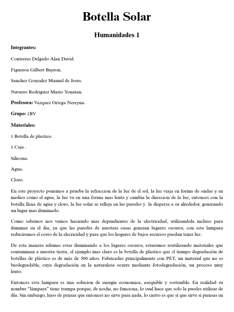 Botella solar | PDF | Ligero | Sustentabilidad