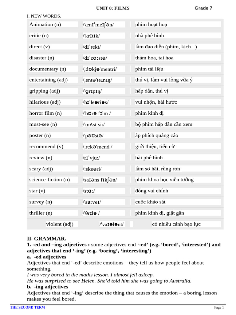 T V NG Và NG Pháp Anh 7 UNIT 8 | PDF