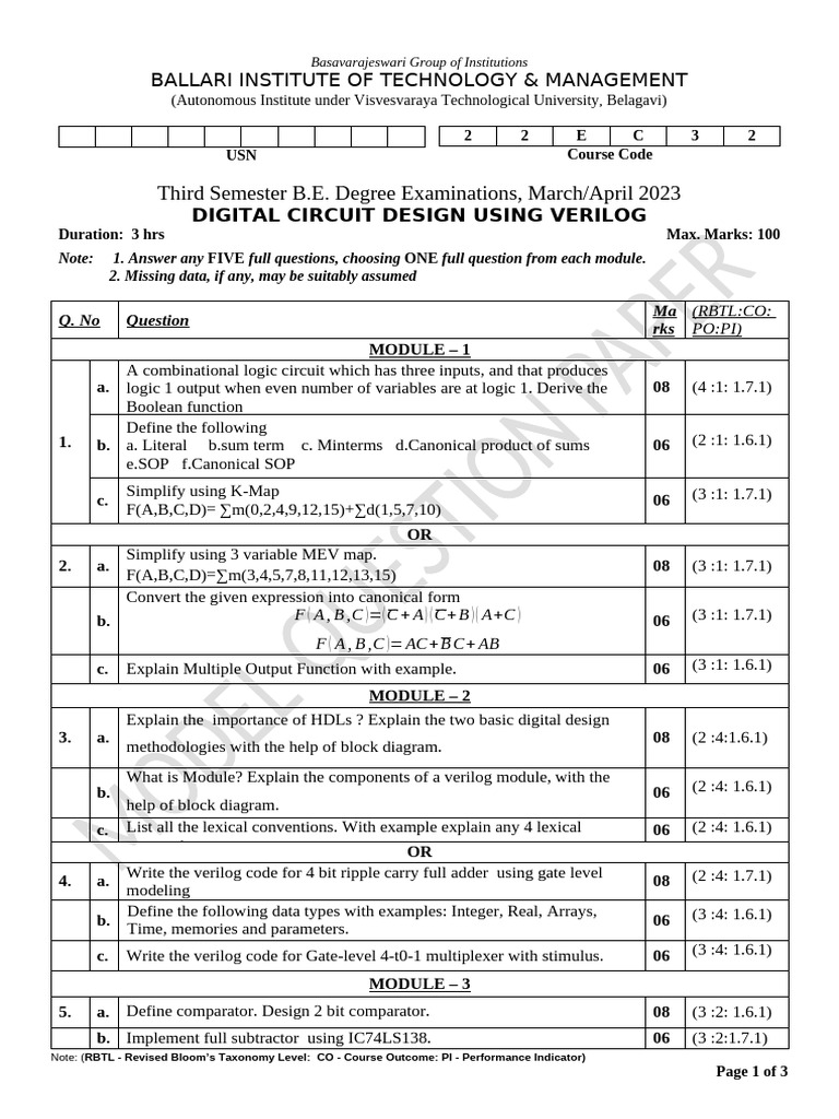 DCDV ModelQP 1 2023-24 22EC32 | PDF | Digital Electronics | Computer Engineering