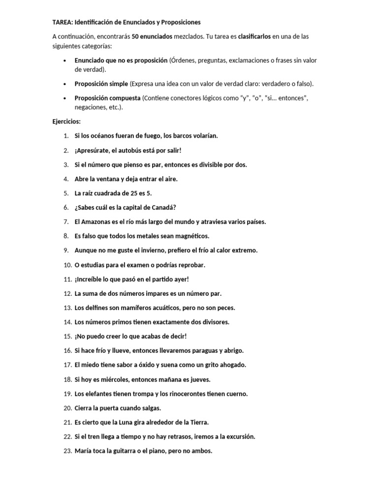 TAREA Identificación de Enunciados y Proposiciones | PDF | Proposición