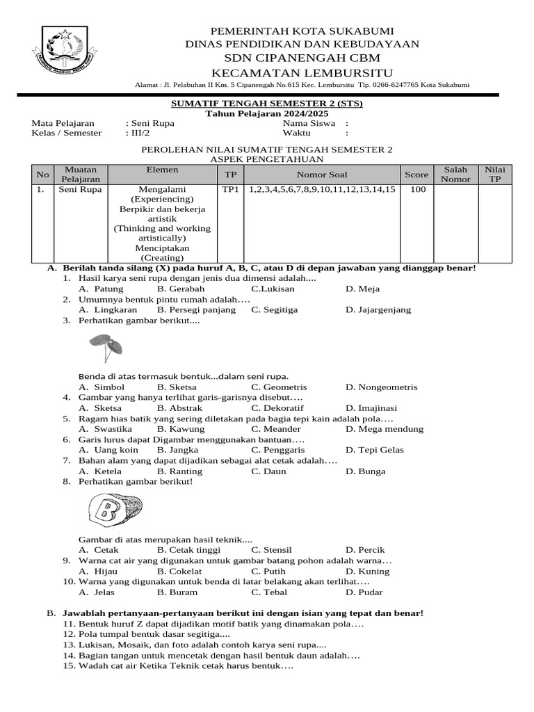 soal sts 2 seni rupa SMT 2 KLS 3 | PDF
