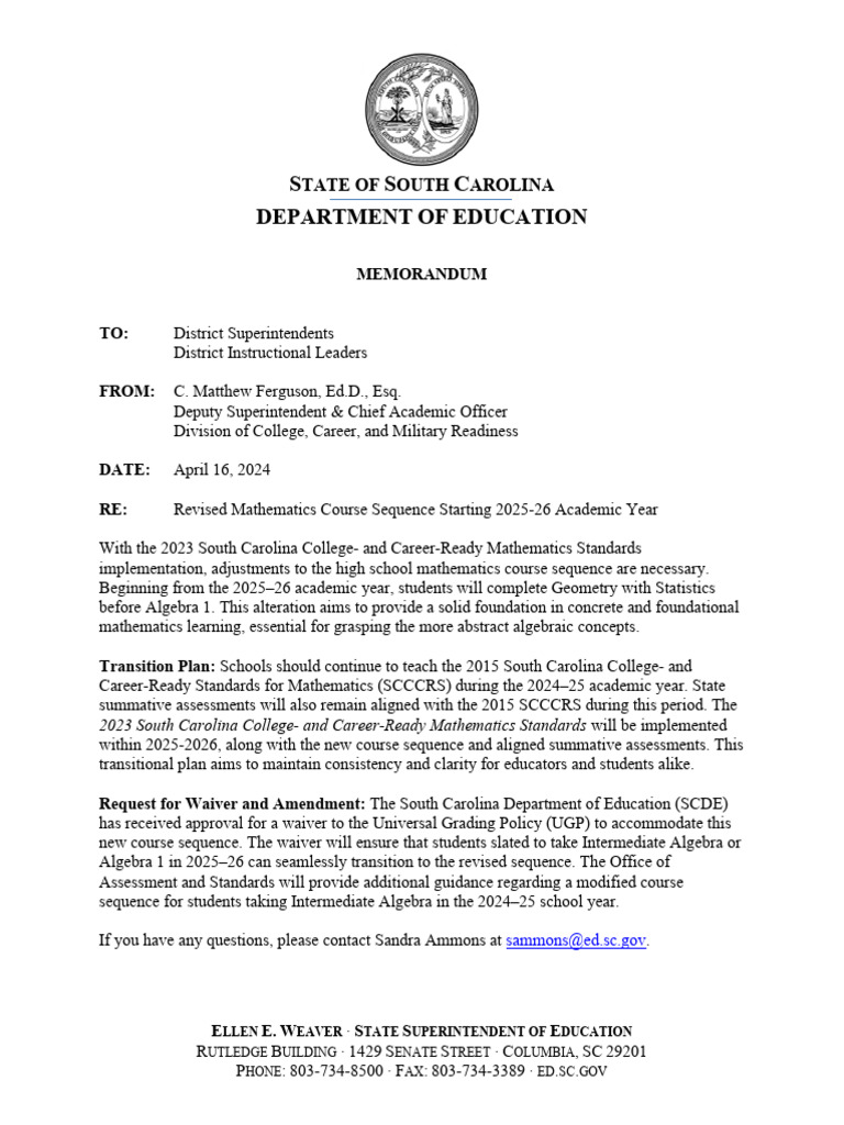SC Math Course Sequence Changes 2025-26 | PDF