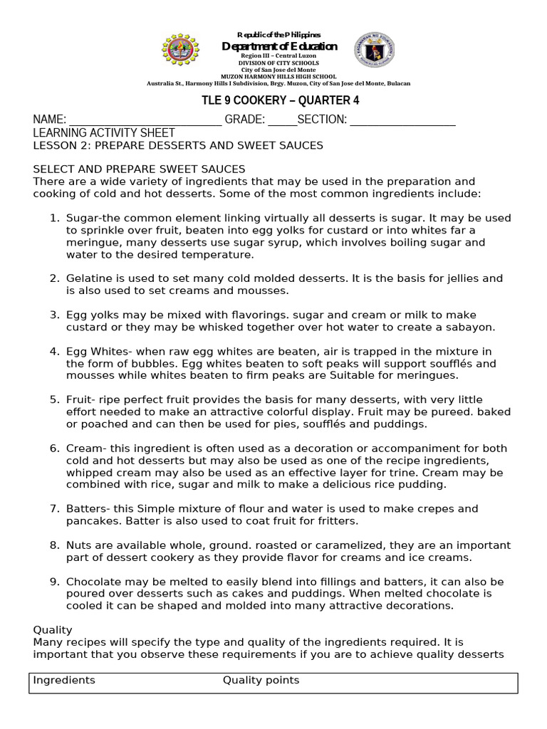 Leaners Activity Sheet Quarter 4 Cookery | PDF | Desserts | Custard