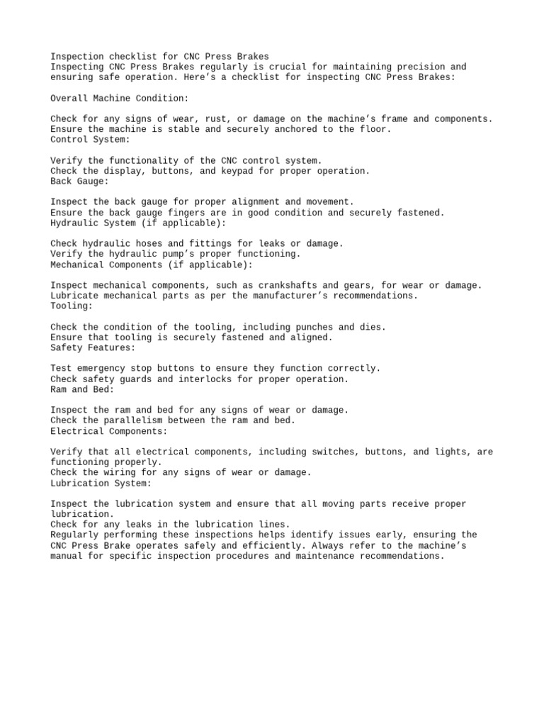 Inspection Checklist for CNC Press | PDF